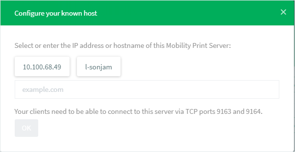 Screenshot of the 'Configure your known host' dialog box showing a suggested IP address and ...
